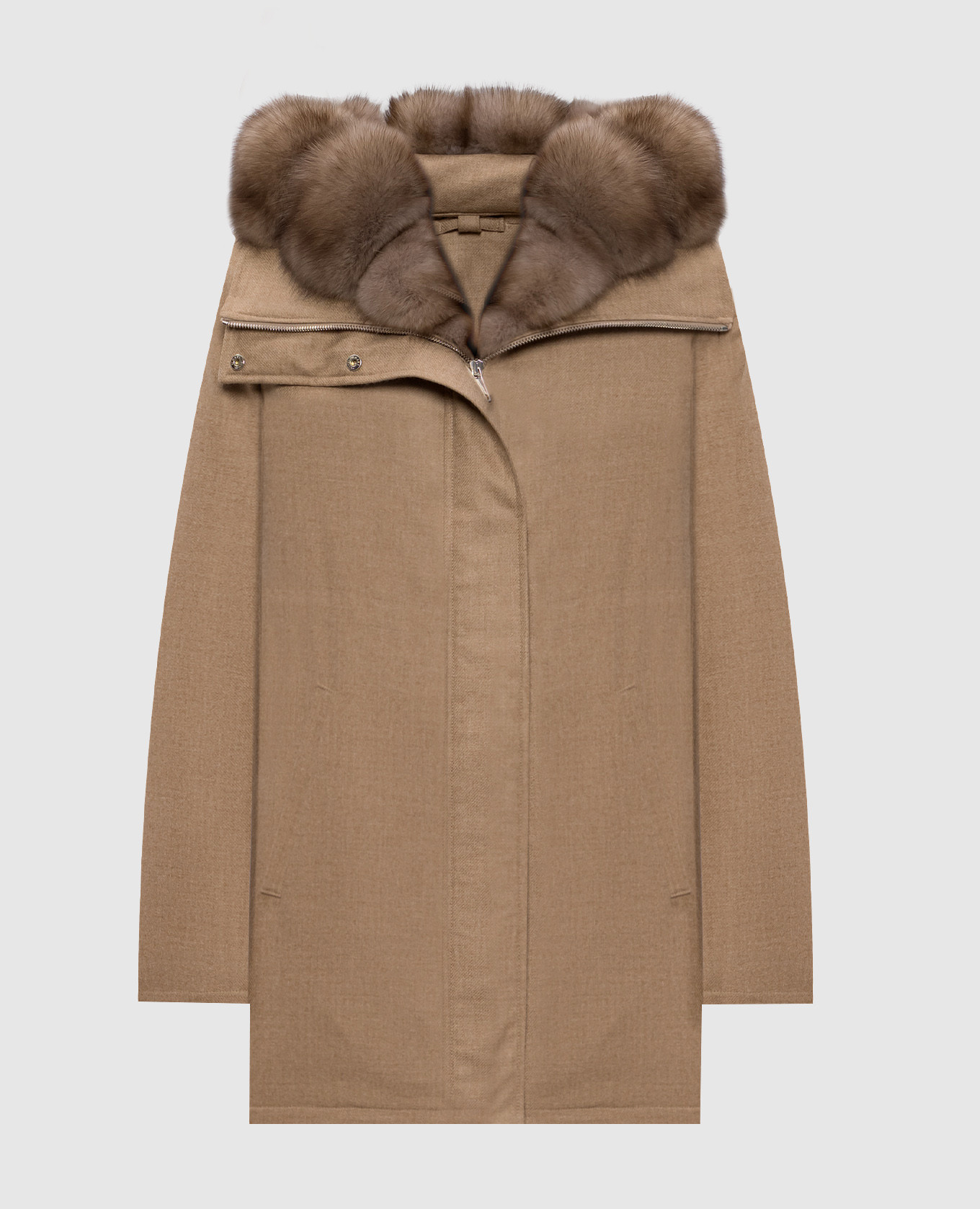 Paolo Moretti - Beiger Parka aus Kaschmir und Wolle mit Zobelfell ...