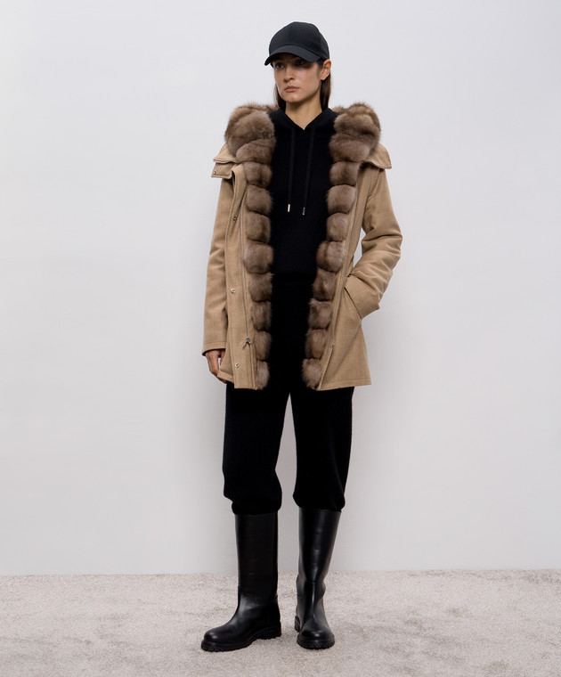 Paolo Moretti - Beiger Parka aus Kaschmir und Wolle mit Zobelfell ...