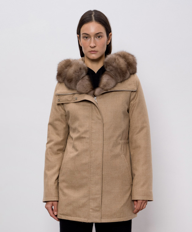 Paolo Moretti - Beiger Parka aus Kaschmir und Wolle mit Zobelfell ...